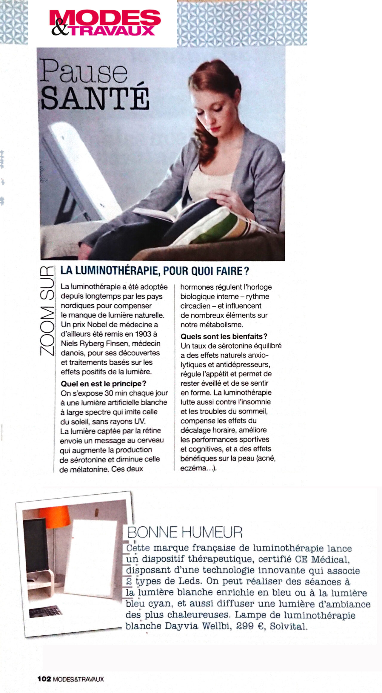 Article magazine Modes & travaux sur Solvital et la luminothérapie
